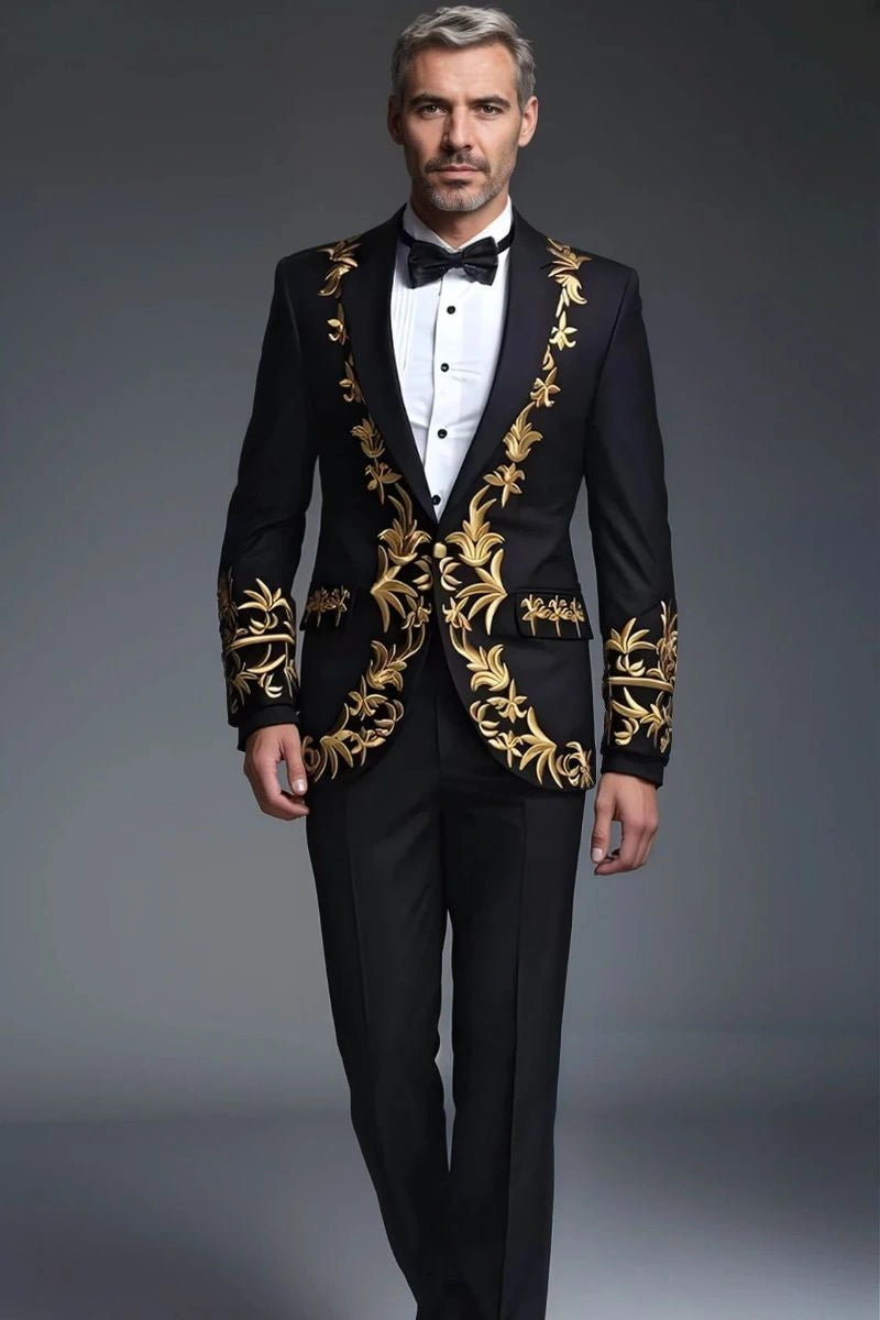Men’s Black Vintage Classic Suit with Golden Embroidery Designer Wear ...