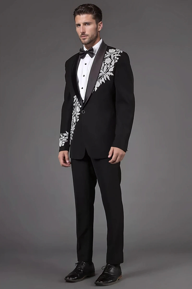 Men Black Two piece Suit Designer Floral Embroidery Suit Wedding Suit ...
