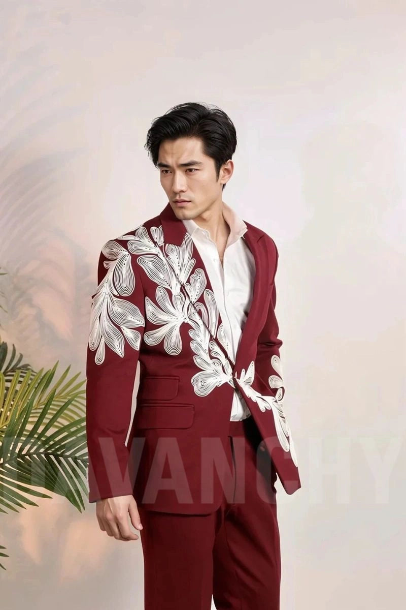 Men Maroon Embroidered Two Piece Designer Suit – Wedding Wear – DAVANCHY